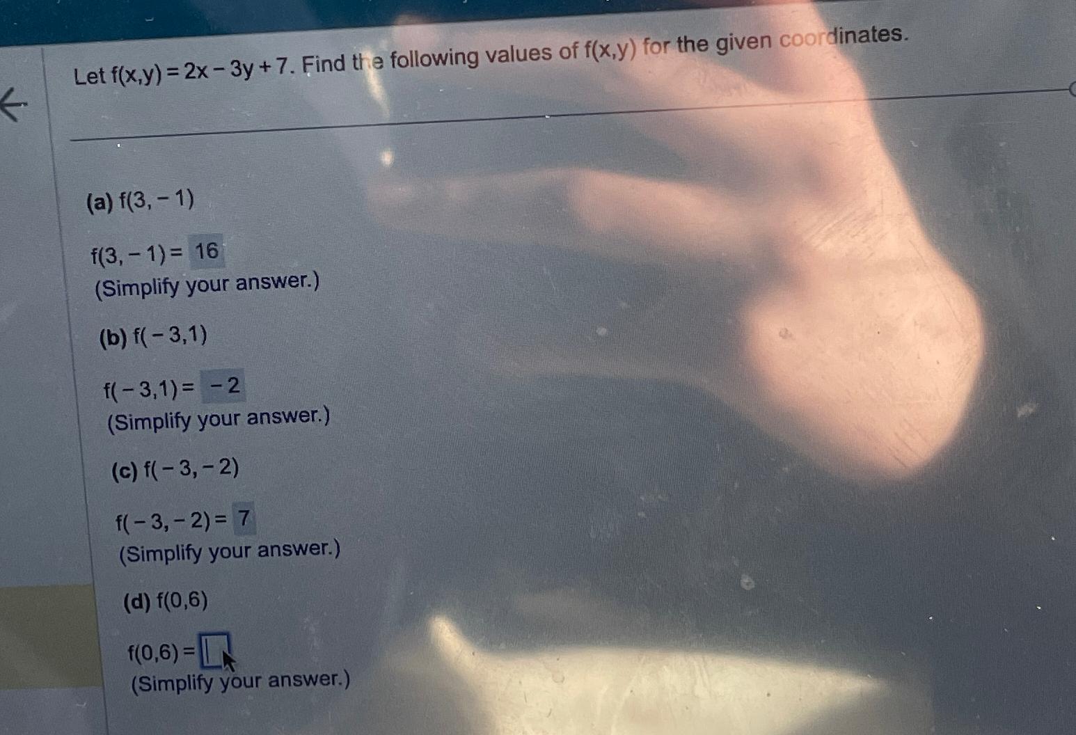 Solved Let f(x,y)=2x-3y+7. ﻿Find the following values of | Chegg.com