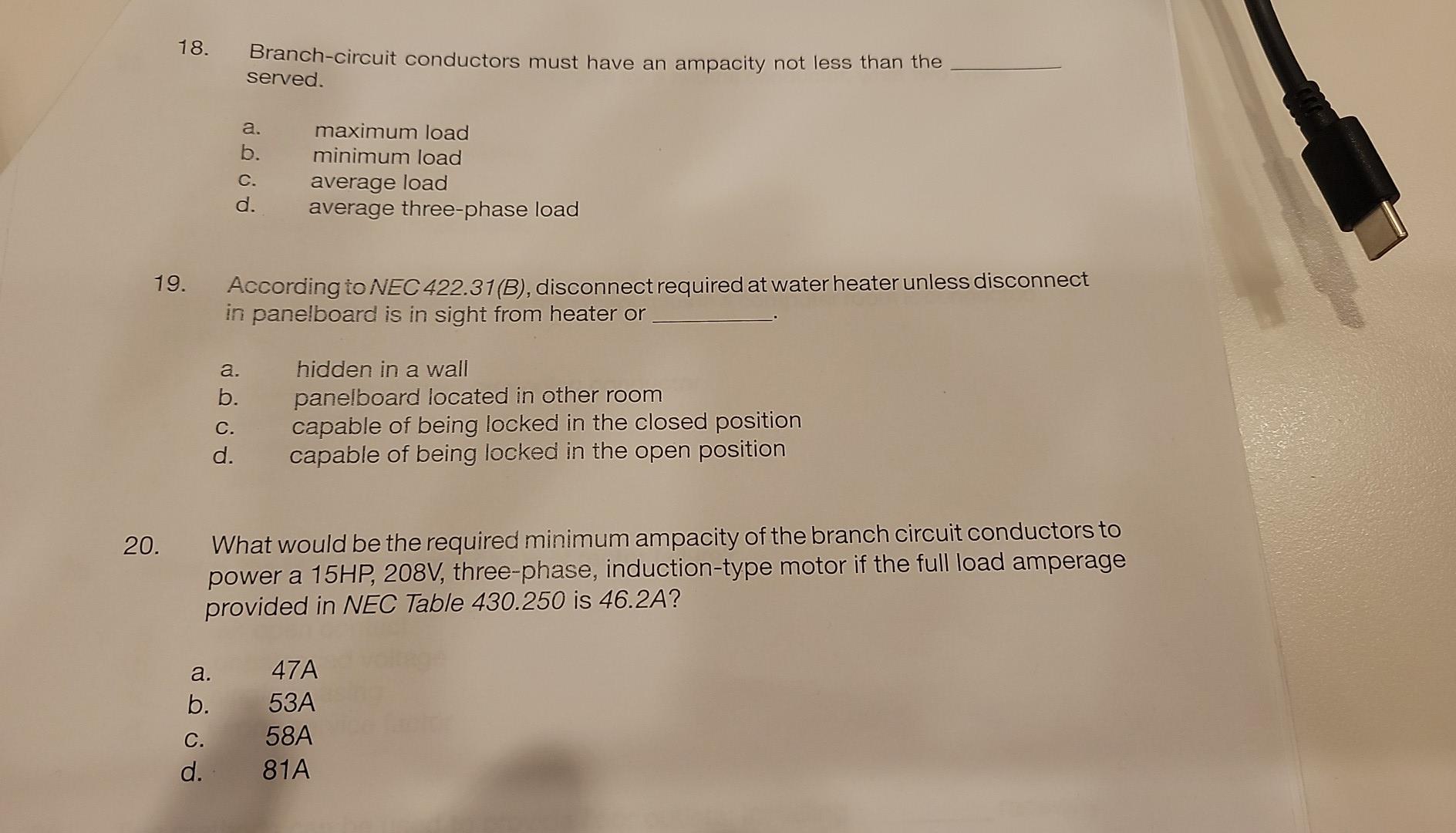 Solved 20. ﻿What would be the required minimum ampacity of | Chegg.com