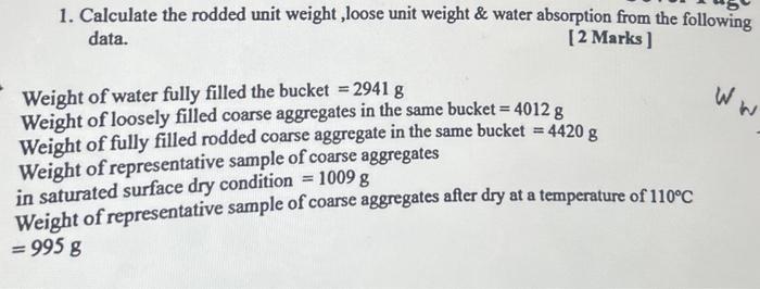 Solved 1. Calculate the rodded unit weight, loose unit | Chegg.com