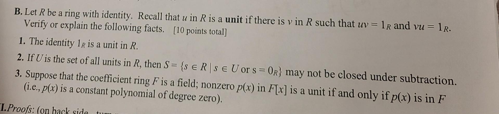 Solved B. Let R be a ring with identity. Recall that u in R | Chegg.com
