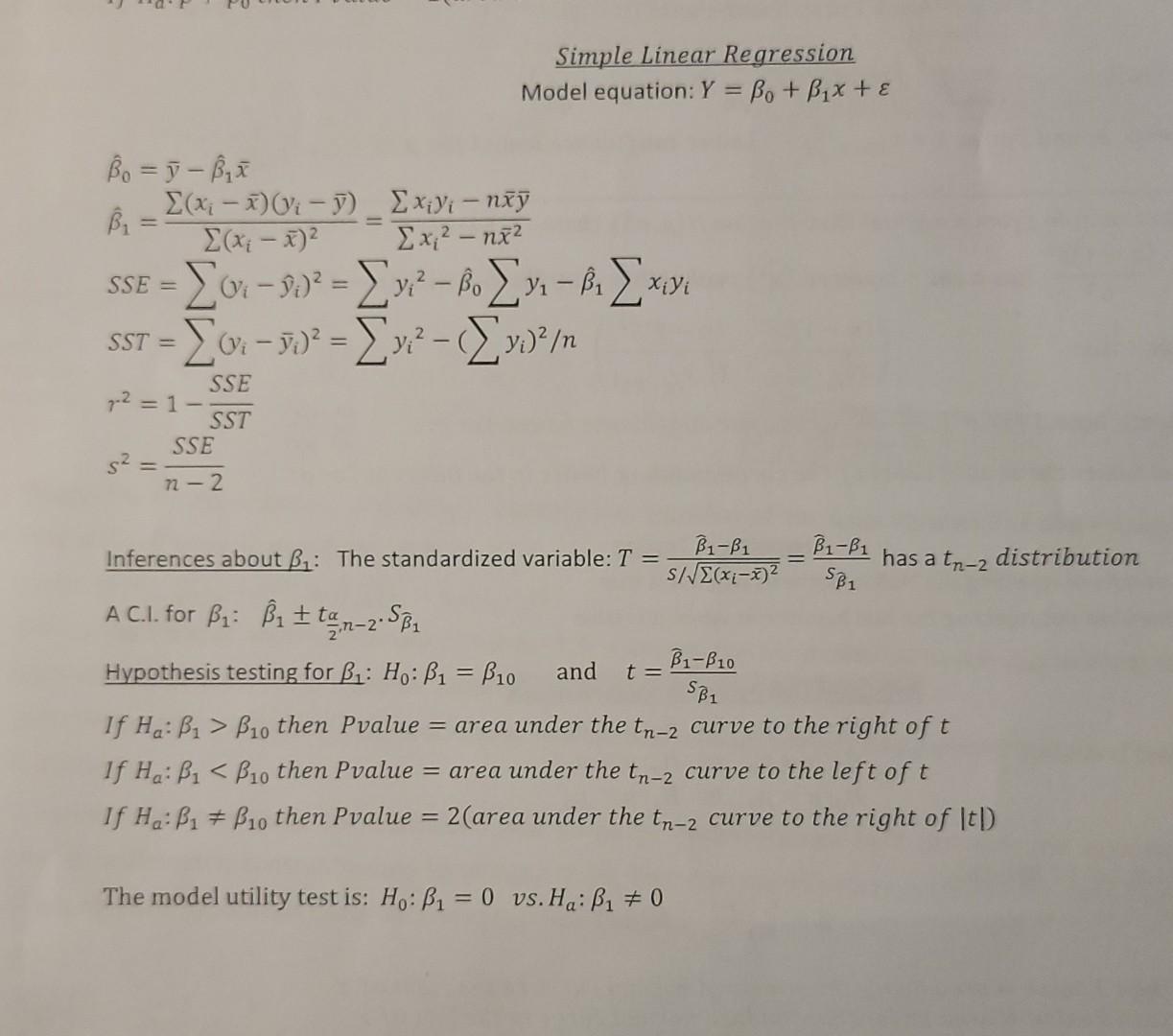 Solved Simple Linear Regression Model equation: Y = Bo + Box | Chegg.com