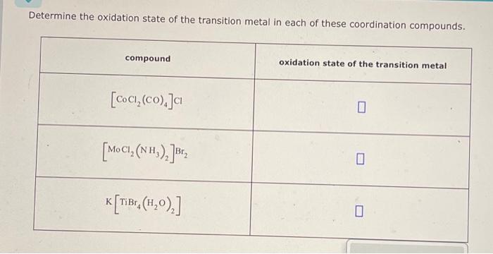 Solved Determine the oxidation state of the transition metal | Chegg.com
