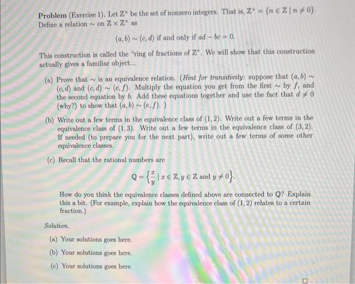 Solved Problem (Exercise 1). Let Zx be the set of nonzero | Chegg.com