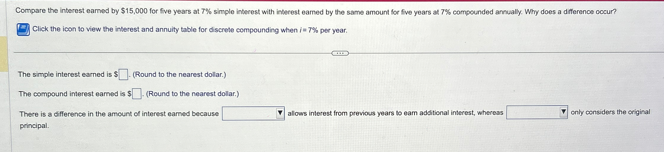 Solved Compare the interest earned by $15,000 ﻿for five | Chegg.com