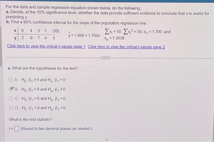 Solved For the data and sample regression equation shown | Chegg.com