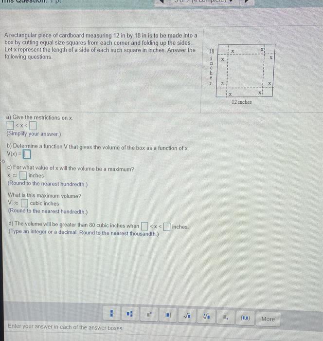 Solved A rectangular piece of cardboard measuring 12 in by | Chegg.com