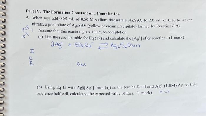 Part IV. The Formation Constant of a Complex Ion A. | Chegg.com