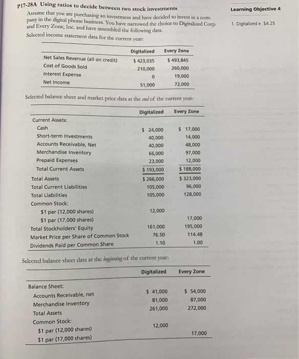 Solved P17-28A Using ratios to decide between two stock | Chegg.com