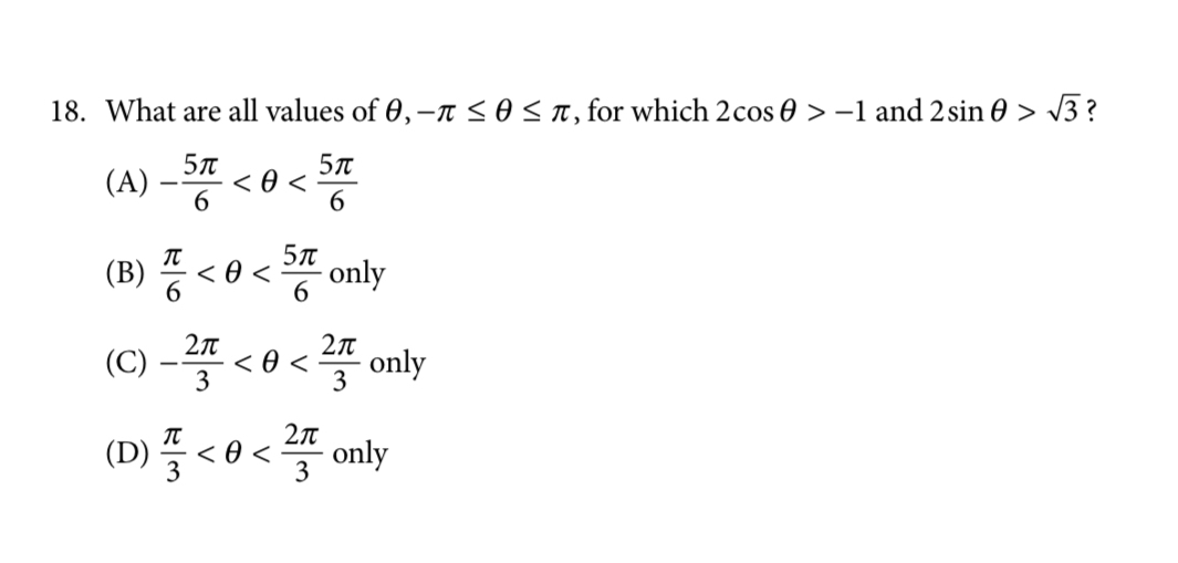 Solved What are all values of θ,-π≤θ≤π, ﻿for which 2cosθ>-1 | Chegg.com