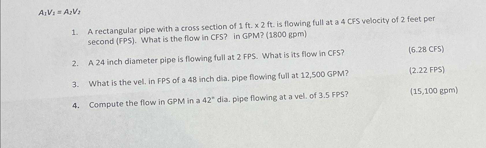 Solved A1V1=A2V2A rectangular pipe with a cross section of | Chegg.com