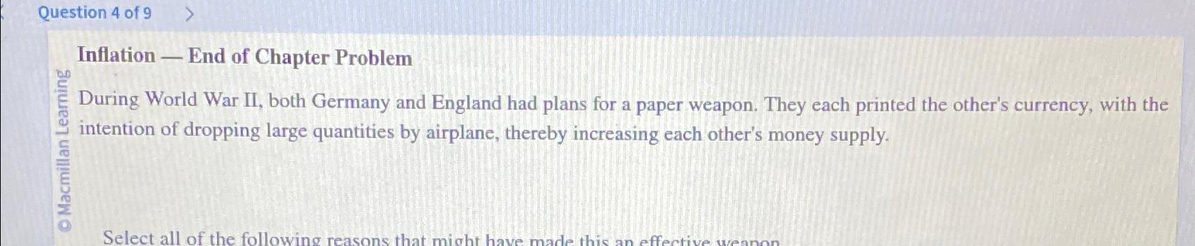 Solved Question 4 ﻿of 9Inflation - ﻿End of Chapter | Chegg.com