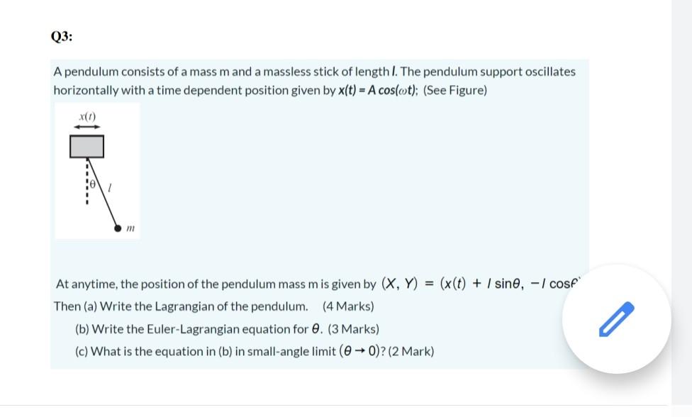 Solved A pendulum consists of a mass m and a massless stick | Chegg.com