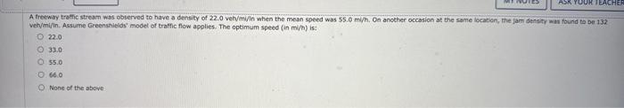 Solved vehymifin. Assume Greenshields' modet of traffic flow | Chegg.com