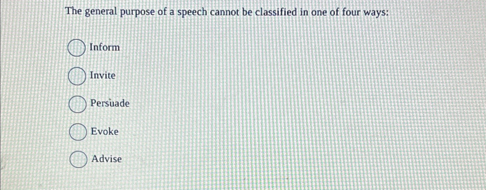 Solved The general purpose of a speech cannot be classified | Chegg.com