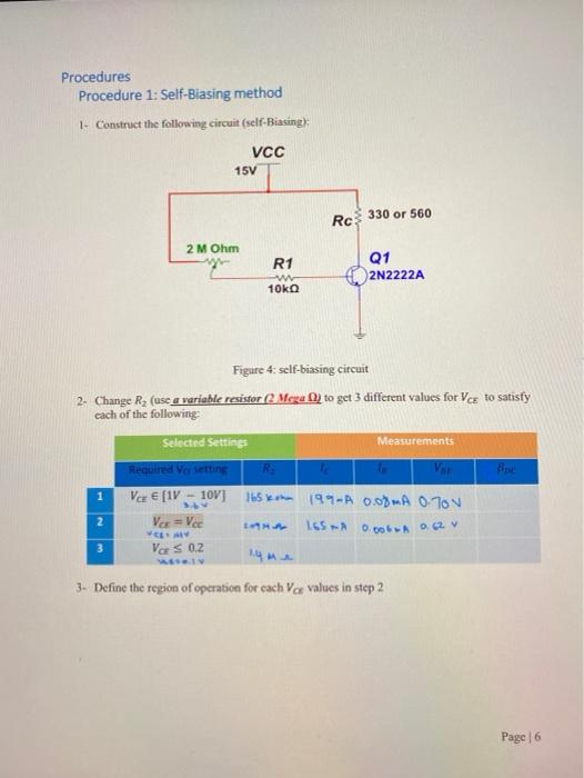 Solved Procedures Procedure 1: Self-Biasing method 1- | Chegg.com