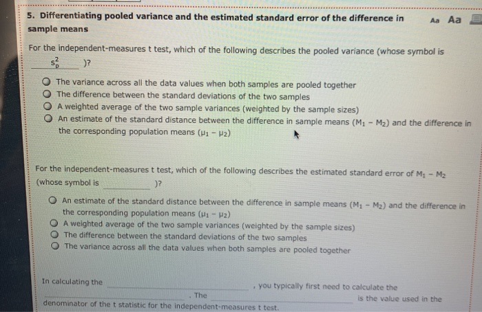 Solved Aa Aa 5. Differentiating pooled variance and the | Chegg.com