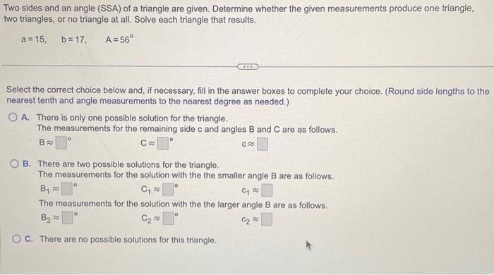 Solved Two sides and an angle (SSA) of a triangle are given. | Chegg.com