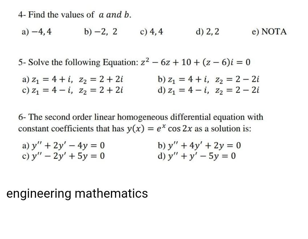Solved 4- Find the values of a and b. a) −4,4 b) −2,2 c) 4,4 | Chegg.com