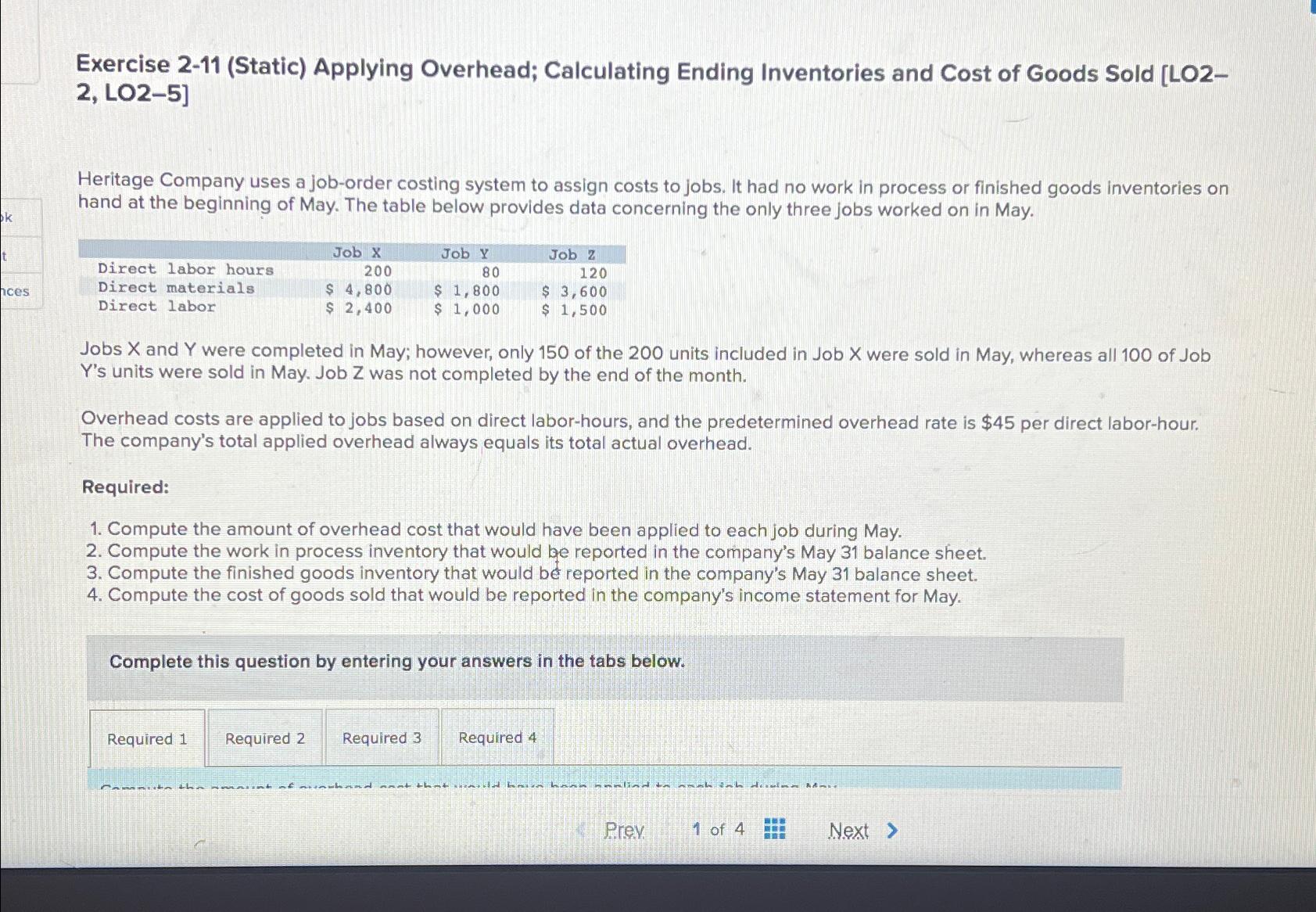 Solved Exercise 2-11 (Static) ﻿Applying Overhead; | Chegg.com