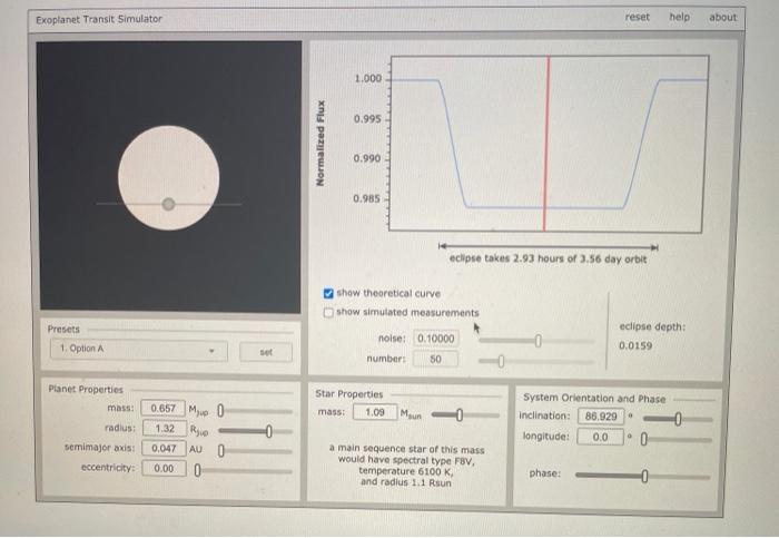 Solved Exoplanet Transit Simulator reset help about 1.000 | Chegg.com