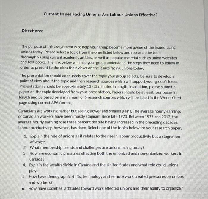 Solved Current Issues Facing Unions: Are Labour Unions | Chegg.com