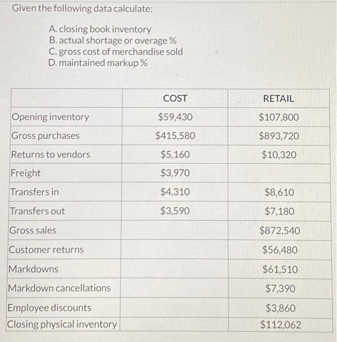 Solved Given the following data calculate:A. closing book | Chegg.com