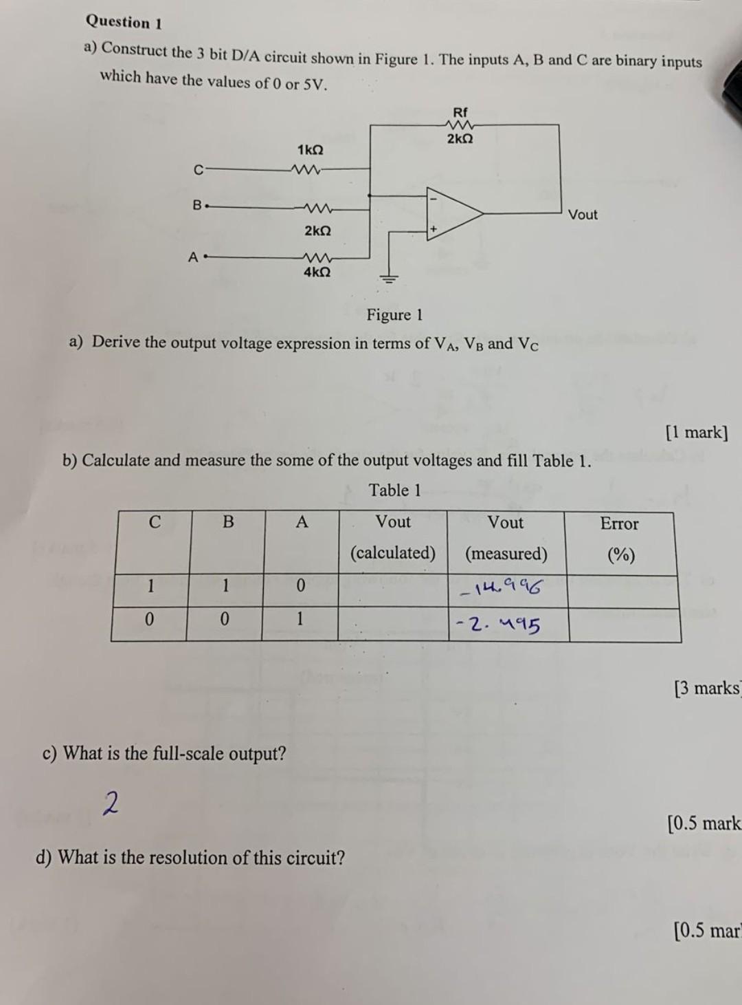 Solved Question 1 a) Construct the 3 bit D/A circuit shown | Chegg.com