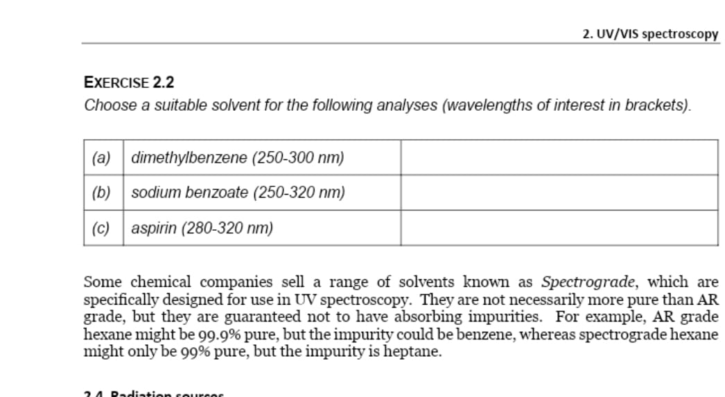 Solved UV/VIS spectroscopyEXERCISE 2.2Choose a suitable | Chegg.com