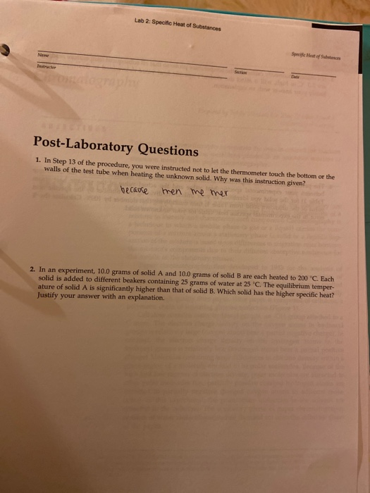 Solved Lab 2. Specific Heat of Substances SHS | Chegg.com