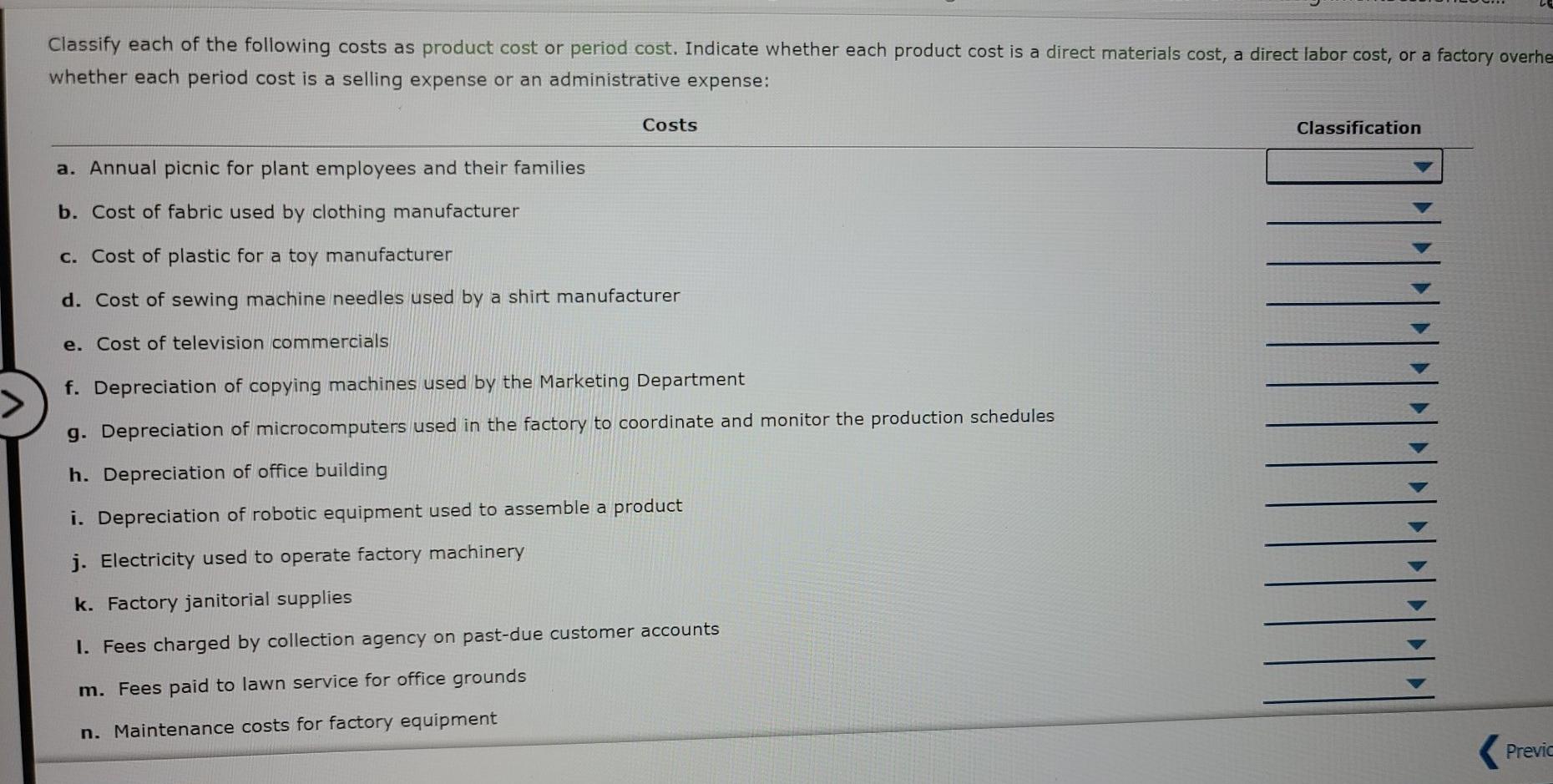 Solved Classify each of the following costs as product cost | Chegg.com