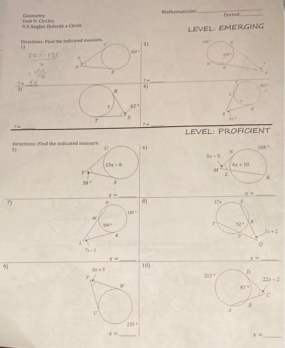 Solved Mathematician: Period Geometry Unit 9. Circles 9.3 | Chegg.com