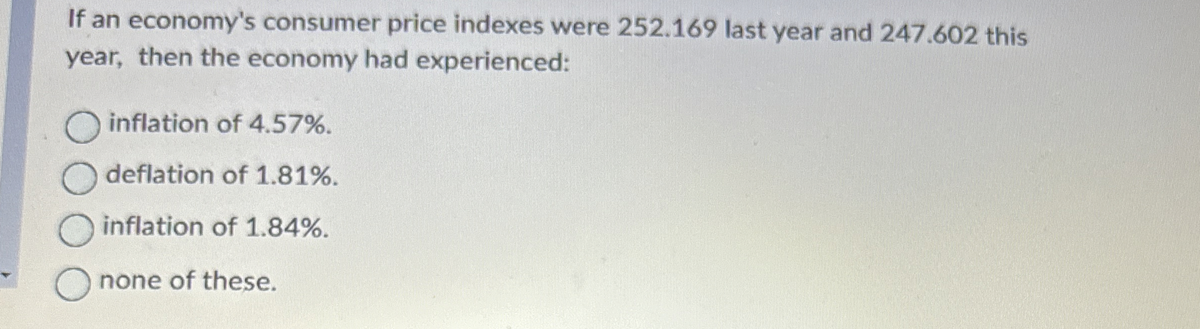 Solved If an economy's consumer price indexes were 252.169 | Chegg.com