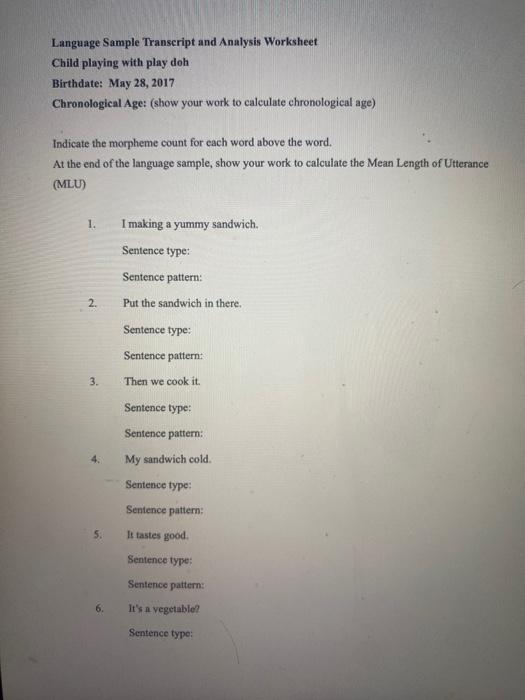Language Sample Transeript and Analysis Worksheet | Chegg.com