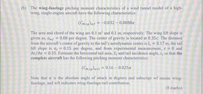 Solved (b) The wing-fuselage pitching moment characteristics | Chegg.com