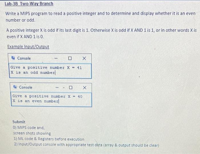 Solved Lab-3B Two-Way Branch Write a MIPS program to read a | Chegg.com