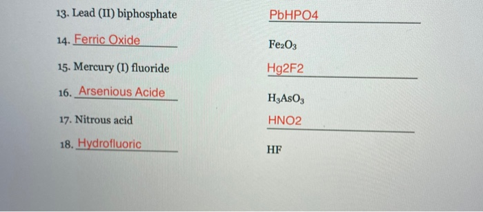 Solved 13. Lead (II) biphosphate РЫНРО4 14. Ferric Oxide | Chegg.com