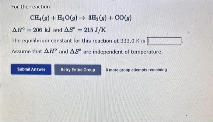Solved For the reaction CH4(g)+H2O(g)ΔH∘=→3H2(g)+CO(g)206 kJ | Chegg.com