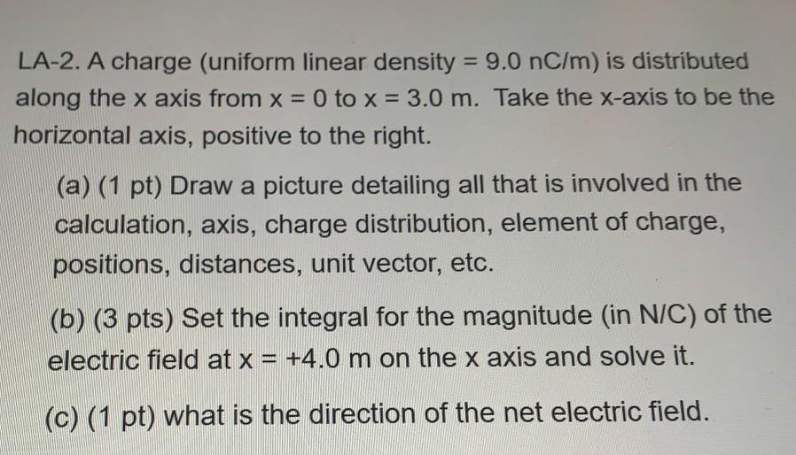 Solved LA-2. A charge (uniform linear density = 9.0 nC/m) is | Chegg.com