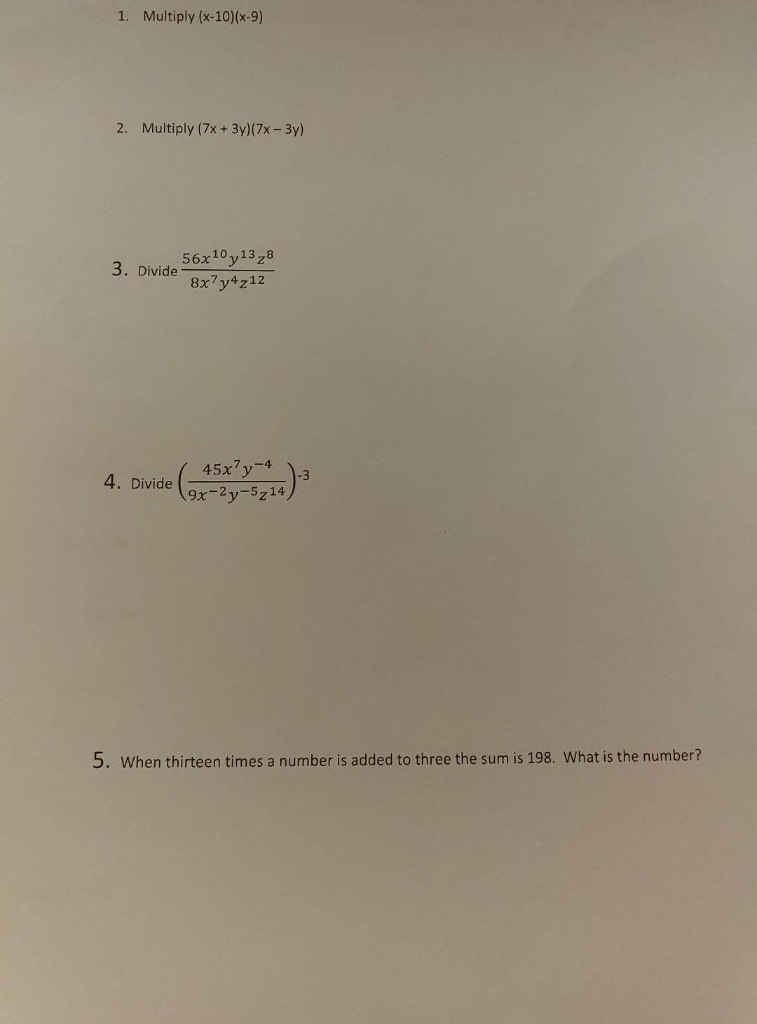 Solved 1. Multiply (x-10)(x-9) 2. Multiply (7x + 3y)(7x - | Chegg.com