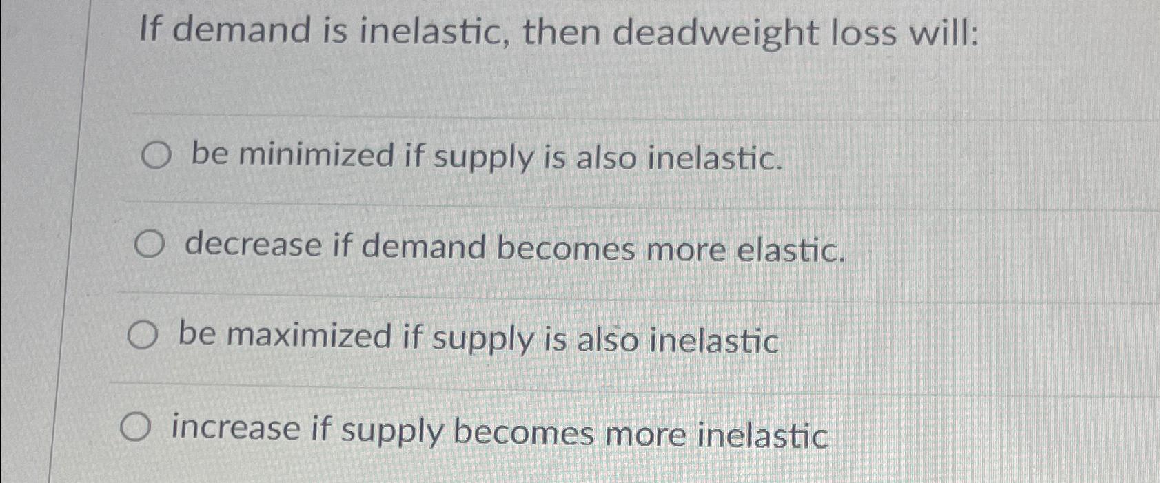 Solved If demand is inelastic, then deadweight loss will:be | Chegg.com