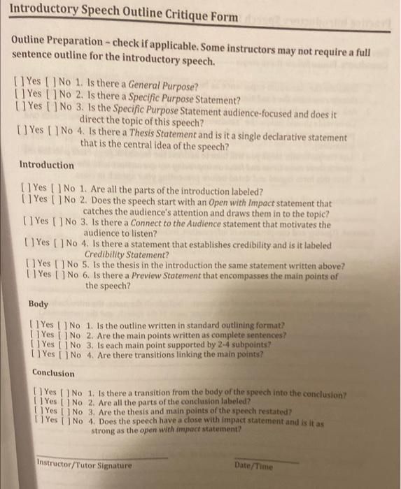 Introductory Speech Outline Critique Form Outline | Chegg.com