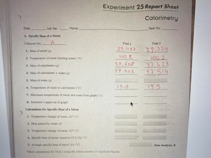 Experiment 25 Report Sheet Calorimetry Date Lab Sec. | Chegg.com