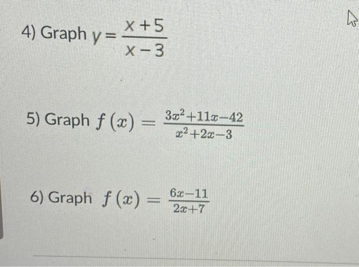 Solved y=x−3x+5 f(x)=x2+2x−33x2+11x−42 f(x)=2x+76x−11 | Chegg.com