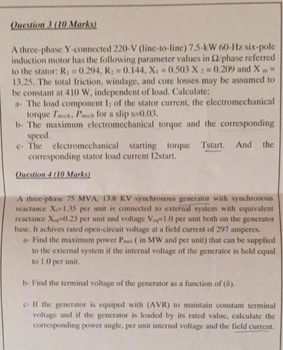 Solved A three-phase Y-connected 220-V (line-to-line) 7.5-kW | Chegg.com