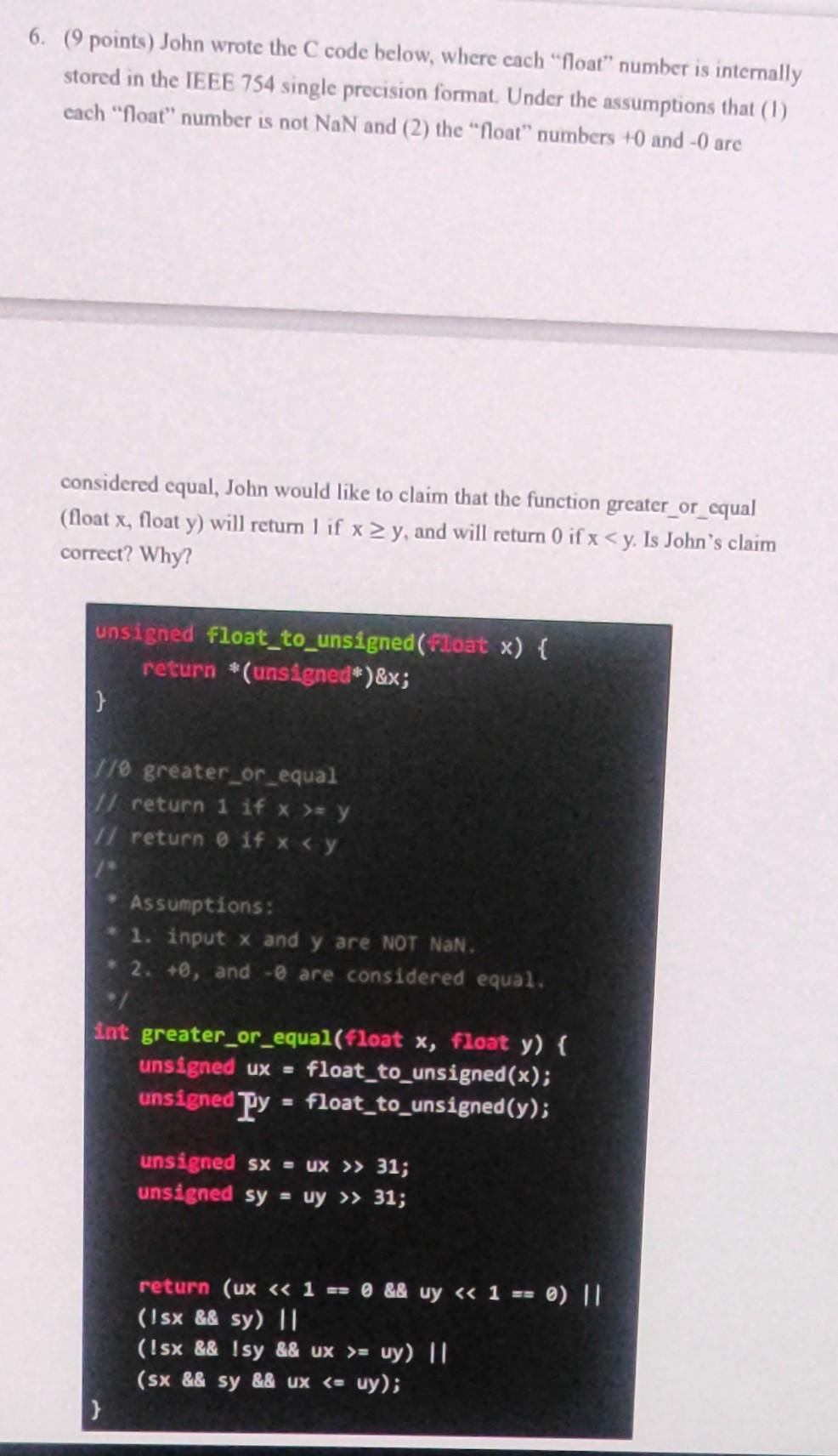 Solved 6. (9 points) John wrote the C code below, where each | Chegg.com