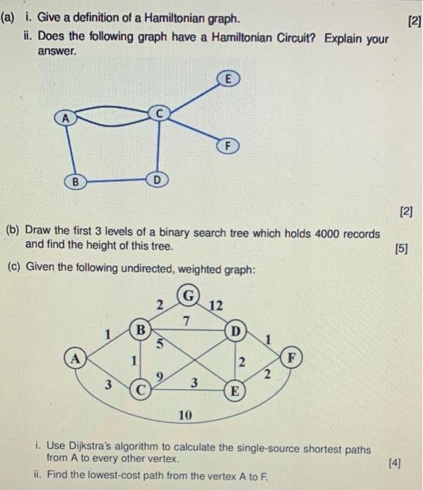 Solved [2] (a) i. Give a definition of a Hamiltonian graph. | Chegg.com