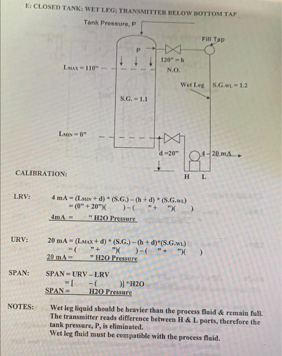 Solved E: CLOSED TANK: WET LEG; TRANSMITTER BELOW BOTTOM TAP | Chegg.com