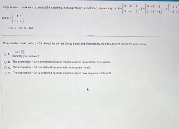 Solved Compute each matrix sum or product if it is defined. | Chegg.com