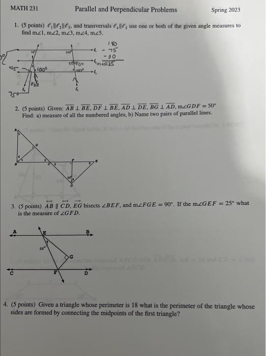 1. ( 5 points) ℓ1∥ℓ2∥ℓ3, and transversals ℓ4∥ℓ3 use | Chegg.com