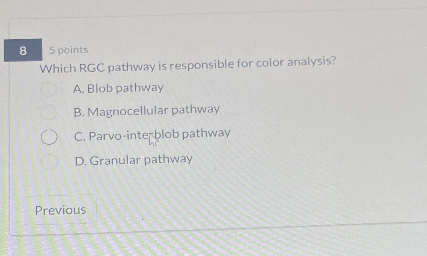 Solved 5 pointsWhich RGC pathway is responsible for color | Chegg.com Solved 5 pointsWhich RGC pathway is responsible for color | Chegg.com